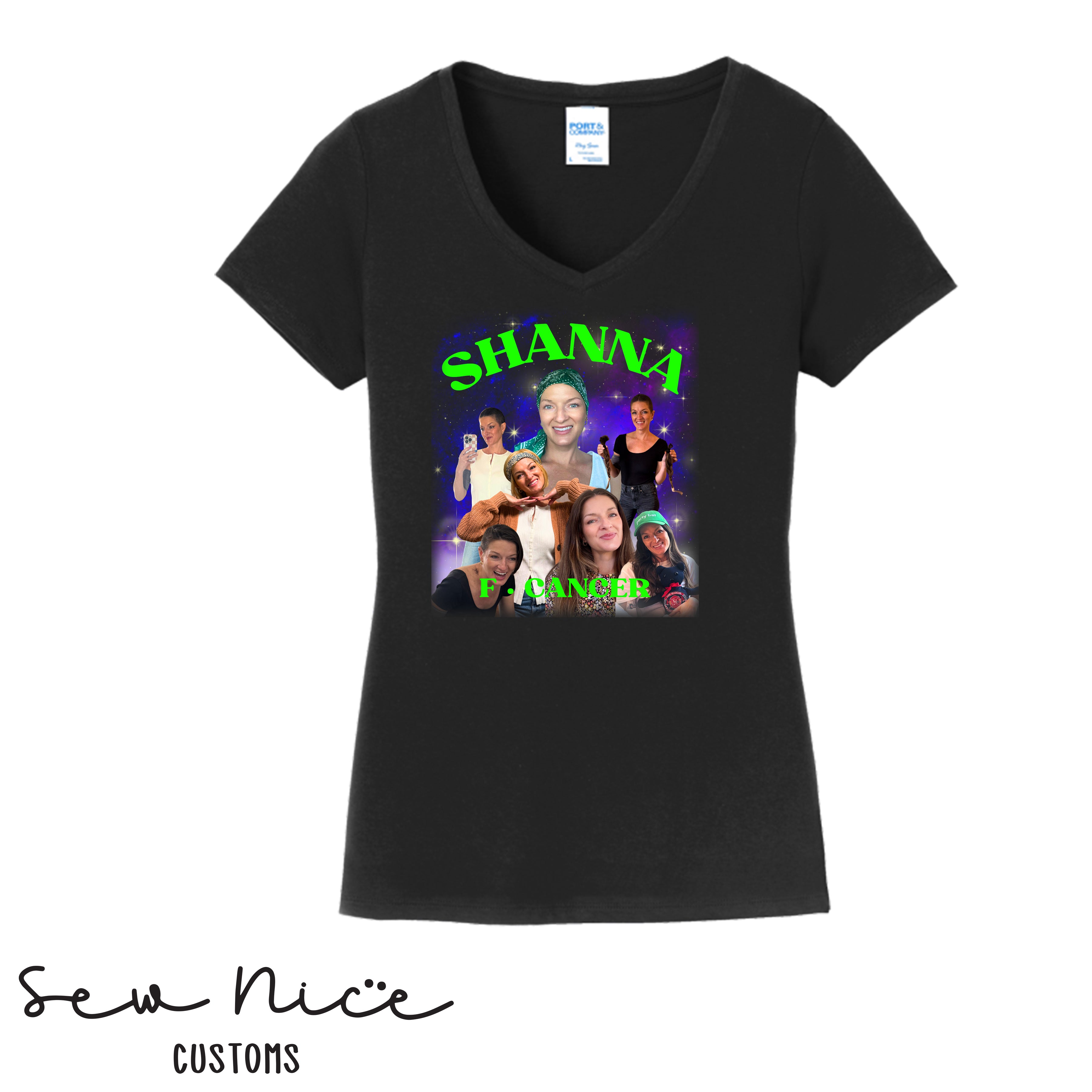 Shanna F-Cancer Collage Women's V-Neck Shirt – Sew Nice Customs