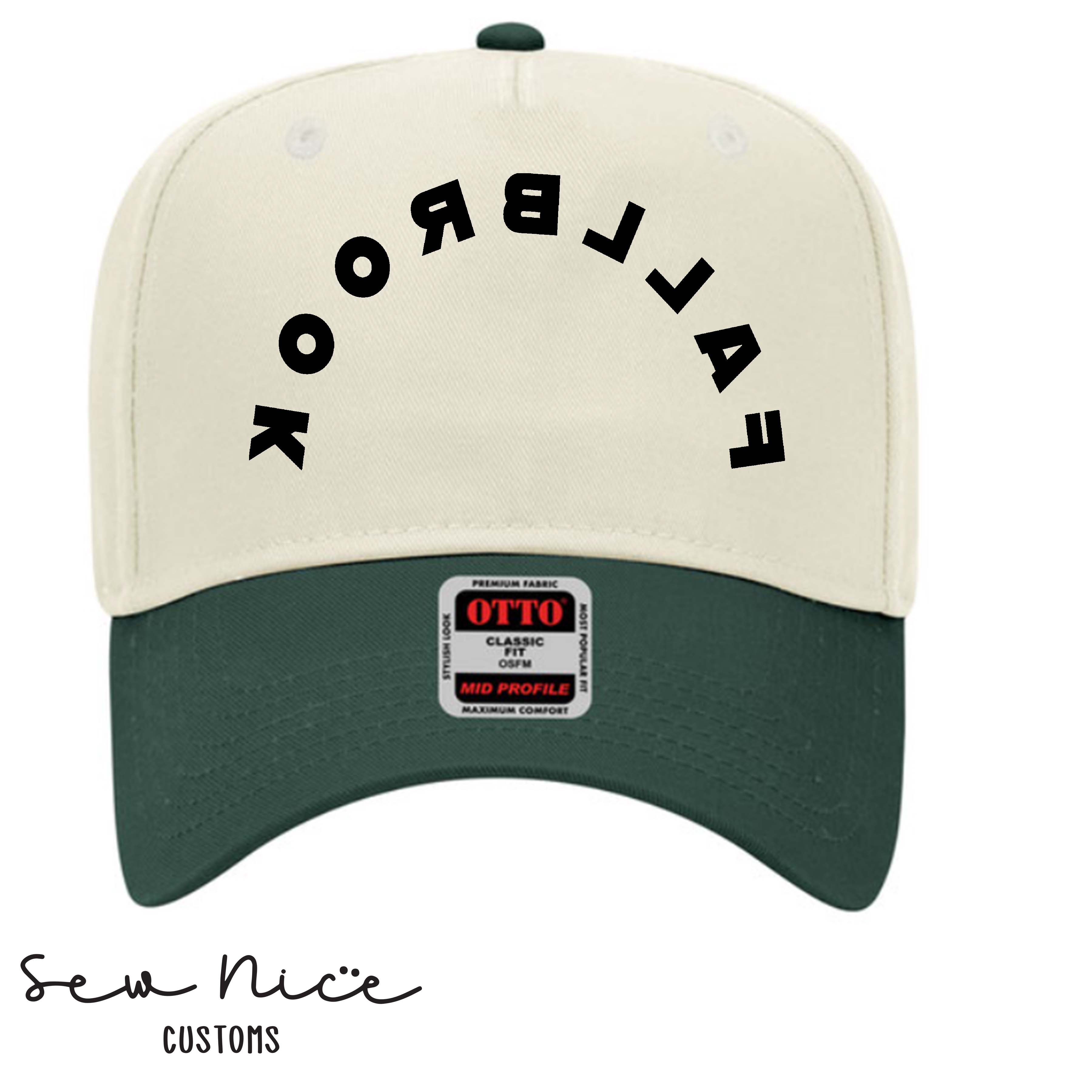 Two Tone Baseball Cap - Embroidered Flipped "Fallbrook" – Sew Nice Customs